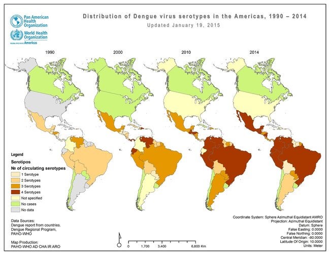 Distribution of Dengue virus serotypes in the Americas, 1990-2014 (map ...