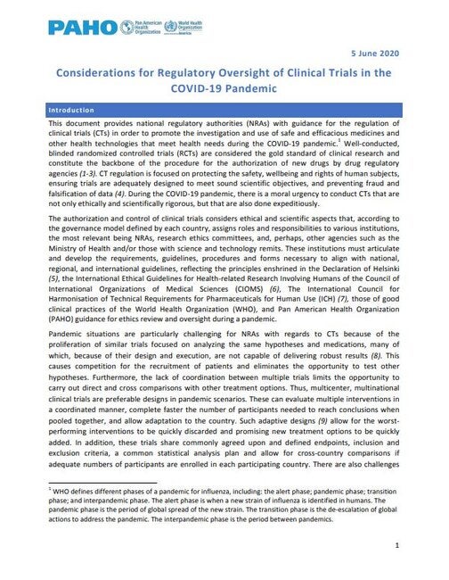 Considerations for Regulatory Oversight of Clinical Trials in the COVID ...